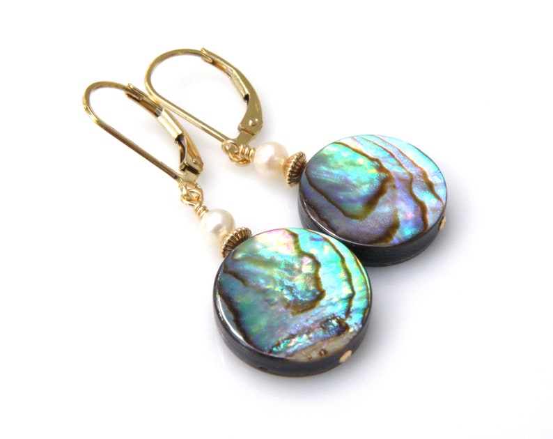 Gold Filled Coin Shell Earrings Flat Round Abalone Earrings | Etsy