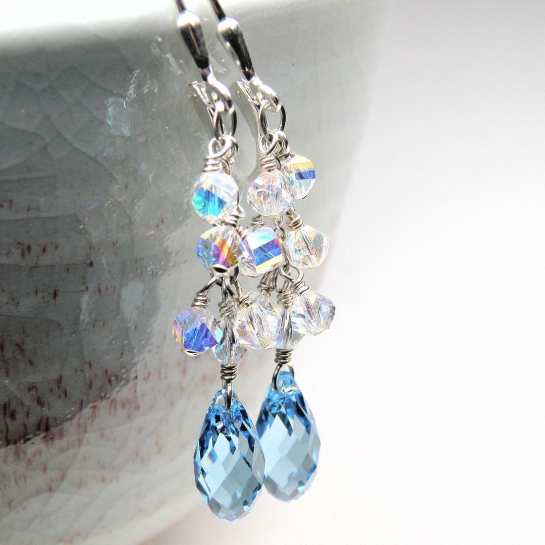 Teal Blue Cluster Earrings, Blue Topaz Dangle Swarovski Crystal, Aquamarine Blue Long Earrings ...