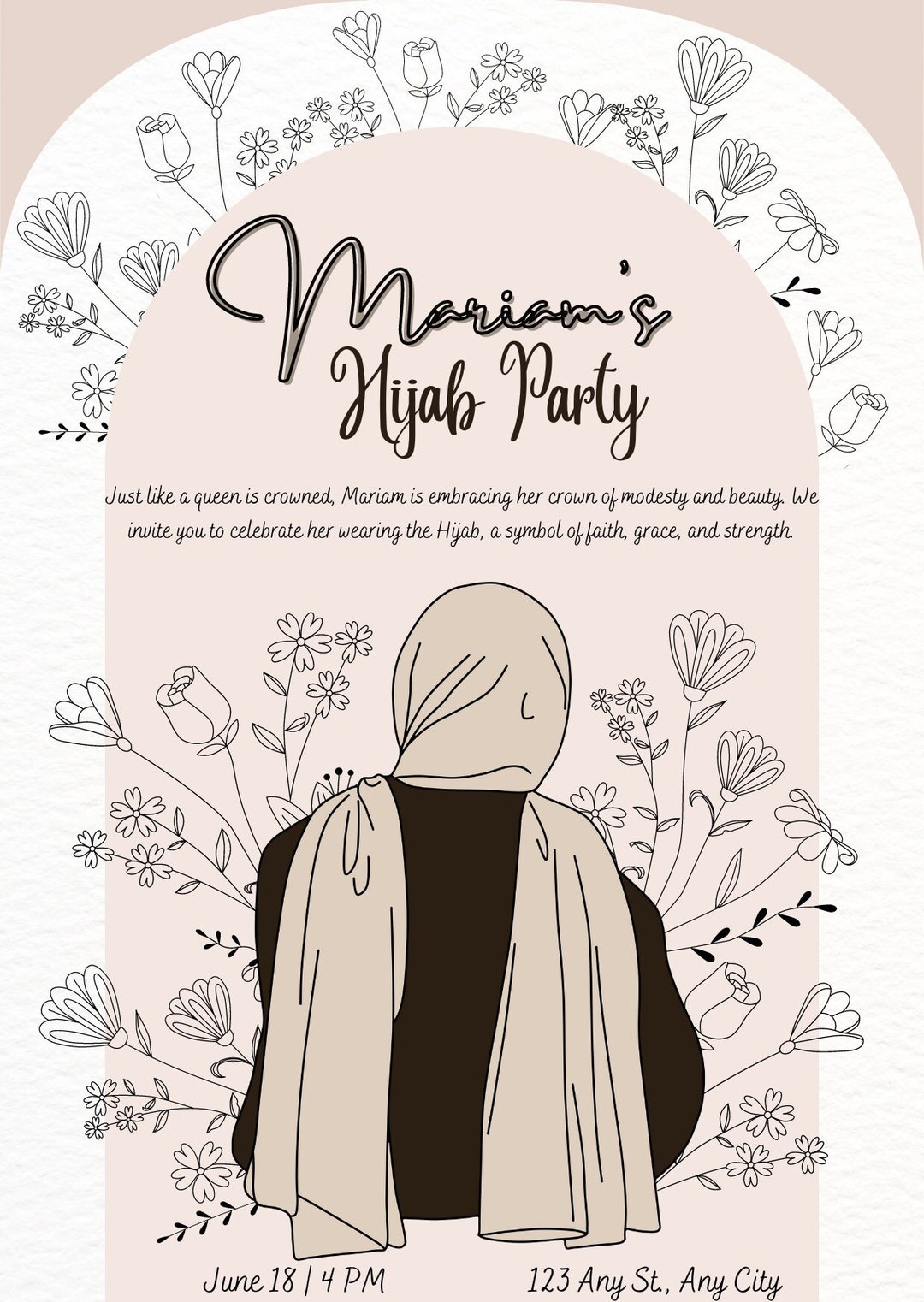 Custom Hijab / Hijabi Party Invitation Beige Flowers Editable Invite ...