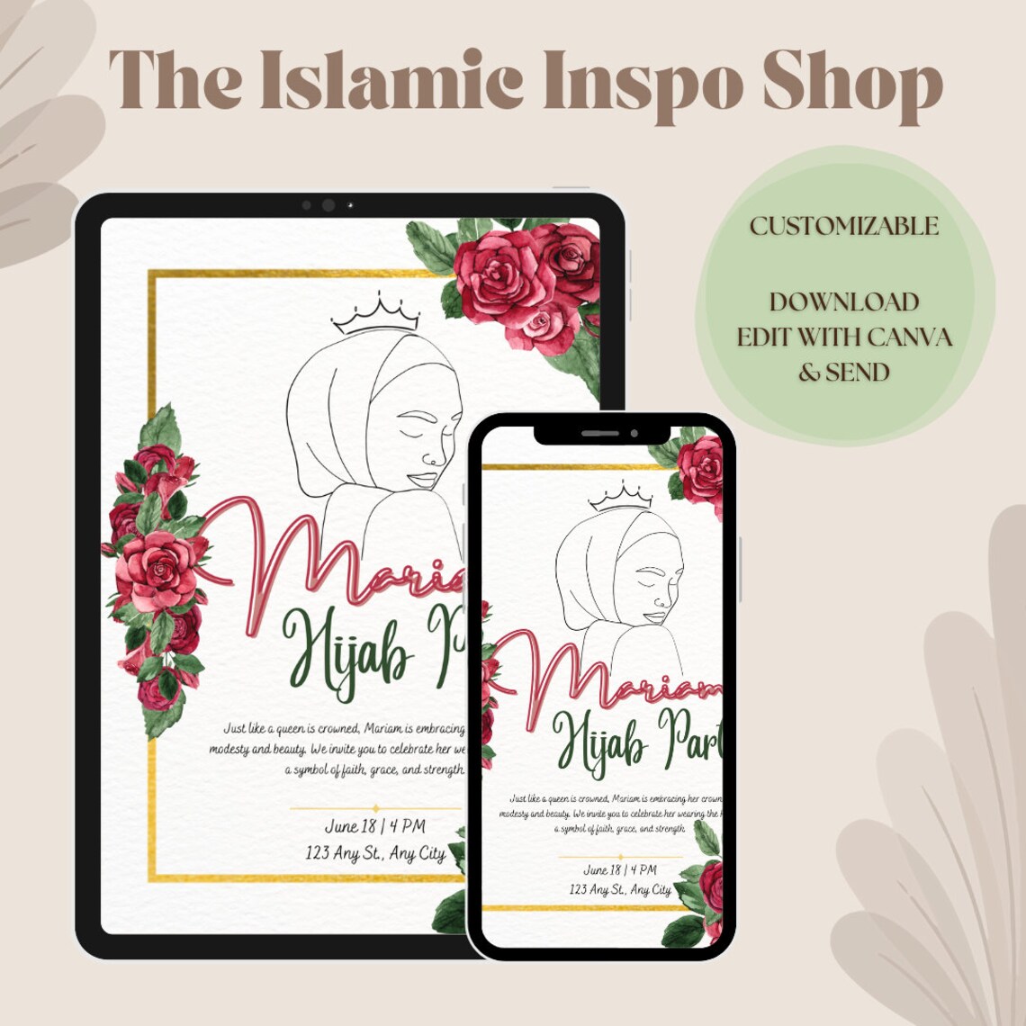 Custom Hijab / Hijabi Party Invitation Red Flowers Editable Invite and ...