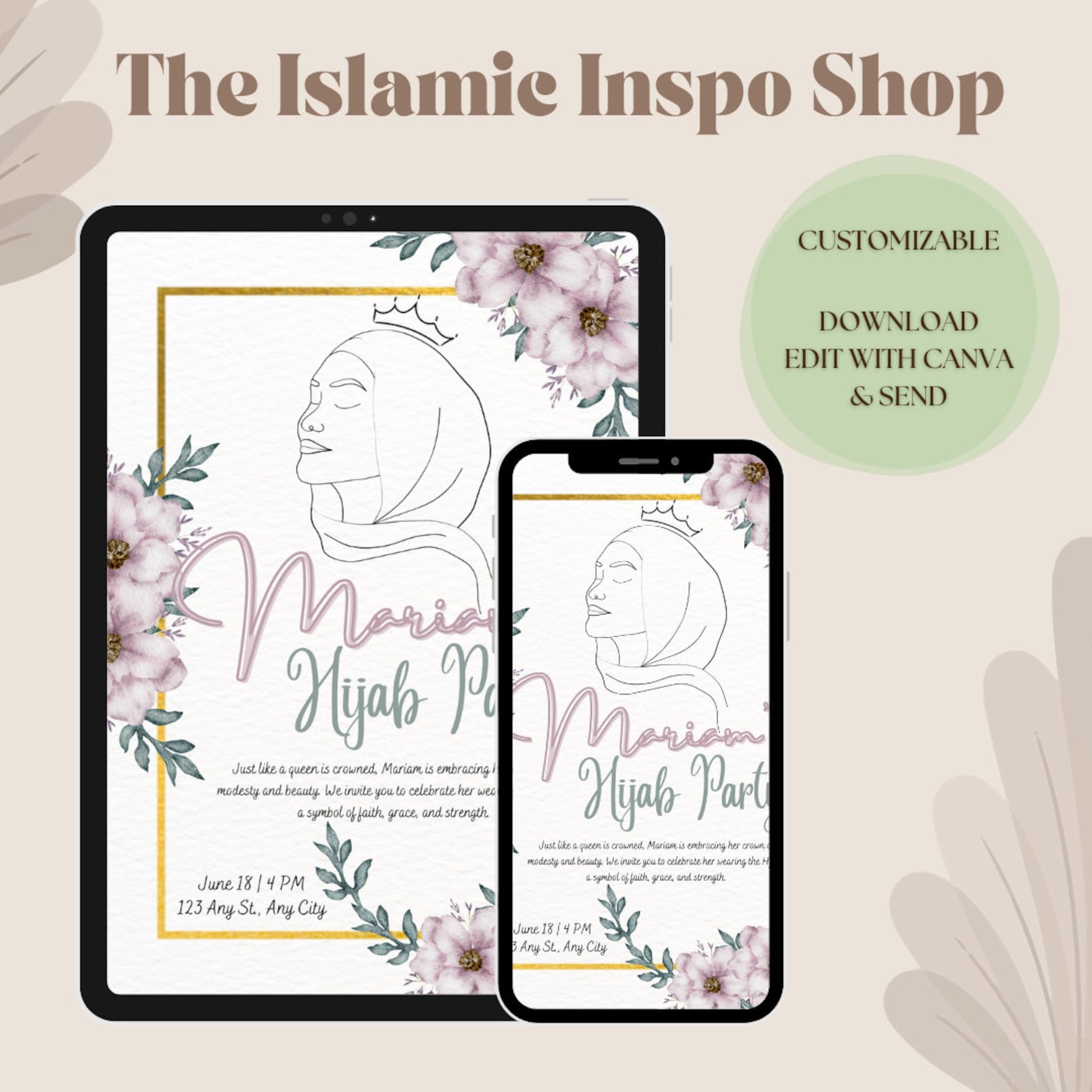 Custom Hijab / Hijabi Party Invitation Purple Flowers Editable Invite ...