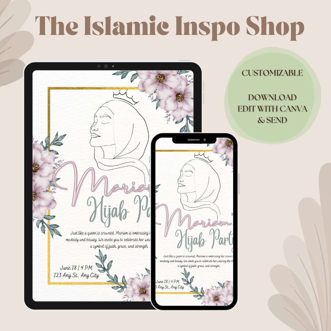 Custom Hijab / Hijabi Party Invitation Purple Flowers Editable Invite ...