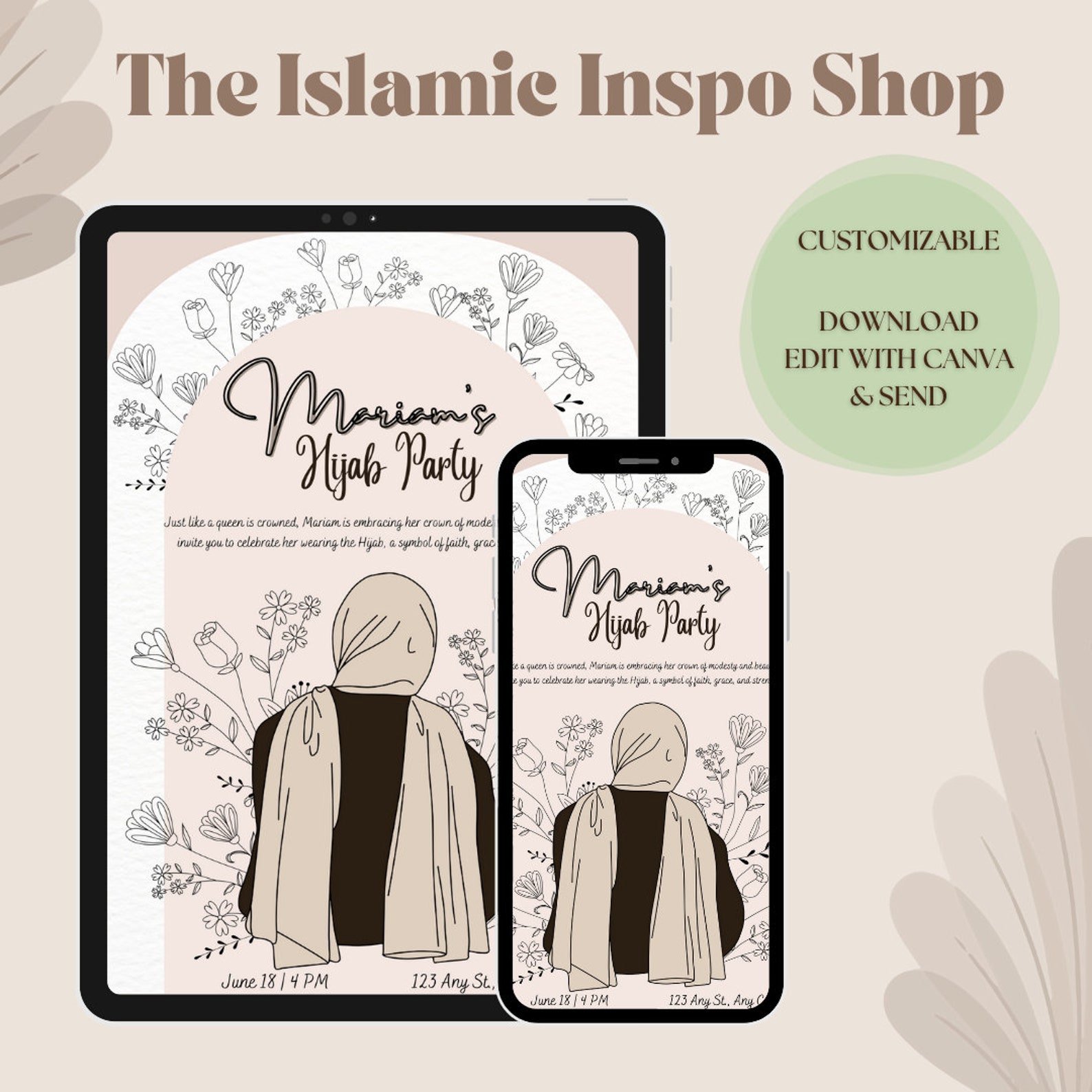 Custom Hijab / Hijabi Party Invitation Beige Flowers Editable Invite ...