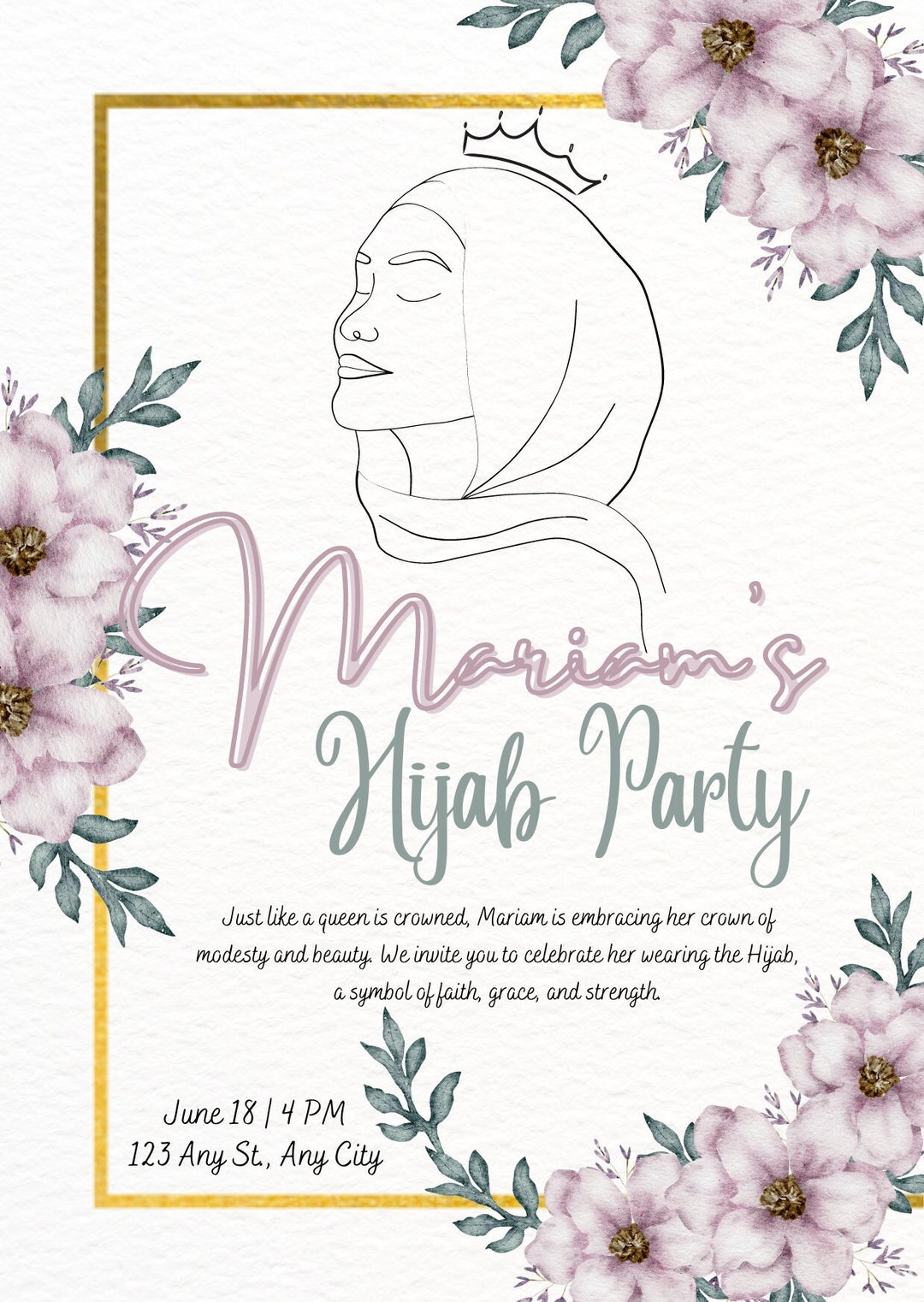 Custom Hijab / Hijabi Party Invitation Purple Flowers Editable Invite ...