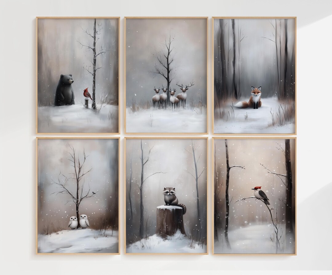 Woodland Animals Winter Wall Art Set, Winter Forest, Woodland Decor ...