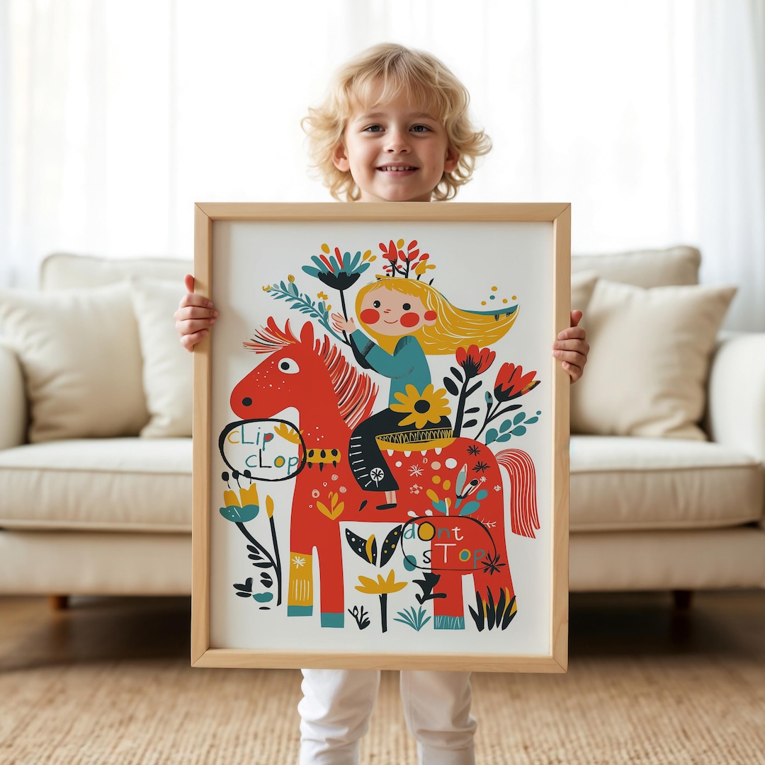 Clip Clop Don’t Stop Kids Wall Art, Girl on Pony Digital Print, Horse ...