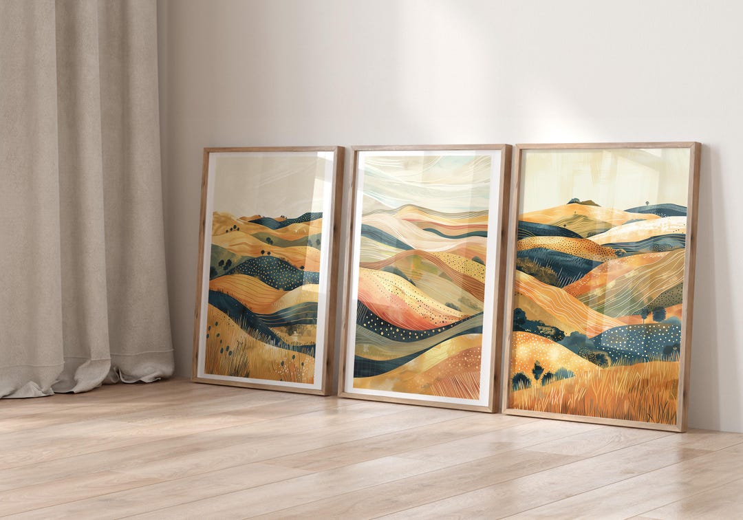 Golden Prairie Landscape Wall Art Set, 3 Piece Rolling Hills Digital ...