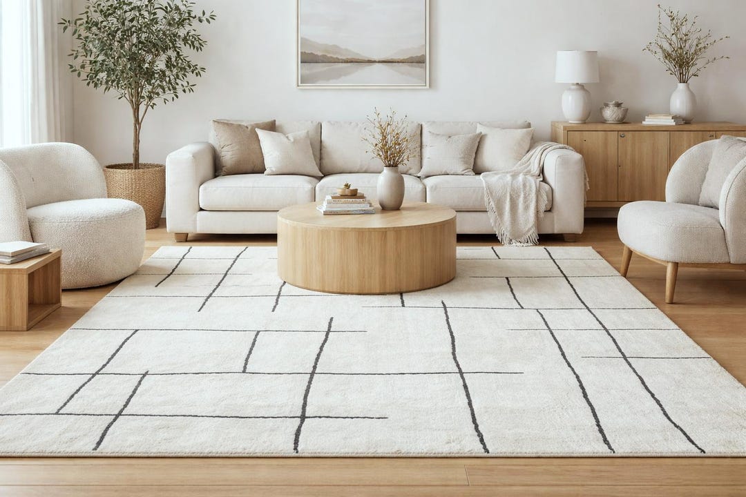Modern Minimalist Ivory Grid Rug, Hand Knotted Neutral Area Rugs ...