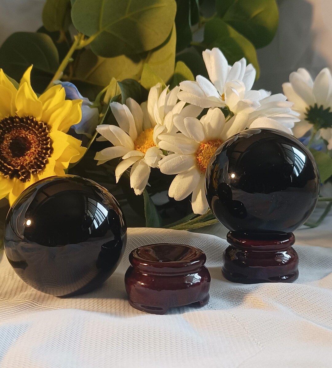 Black Obsidian Sphere With Stand - Crystal Healing Energy Cleansing 6cm ...