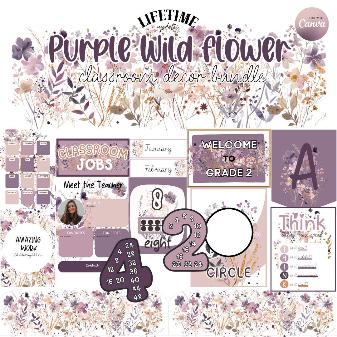 Purple Wild Flower Watercolour Theme Classroom Decor Bundle Flowers ...