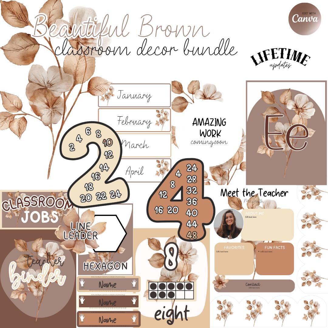 Beautiful Brown Theme Classroom Decor Bundle Flowers Teacher Classroom ...