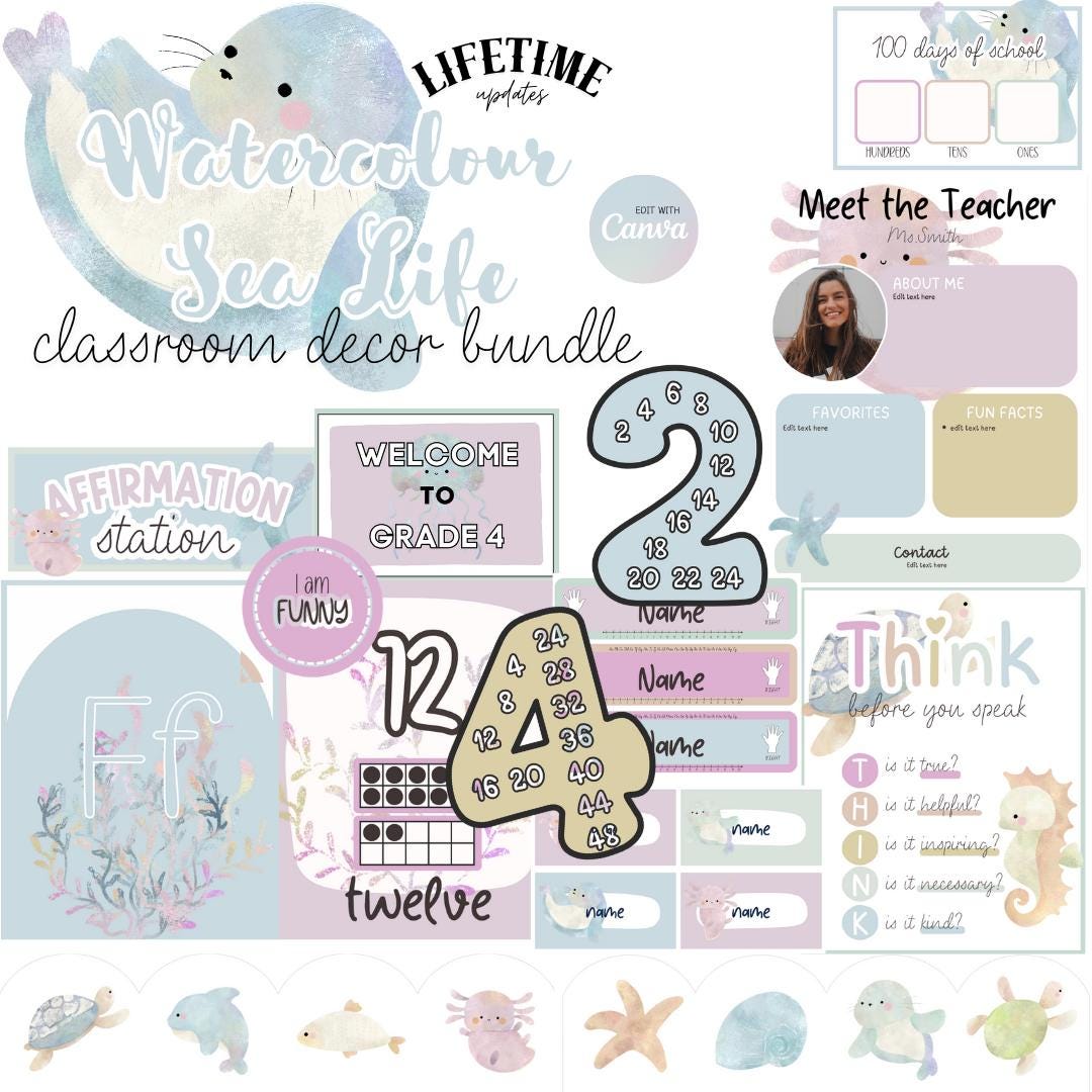 Watercolour Sea Life Theme Classroom Decor Bundle Ocean Teacher ...