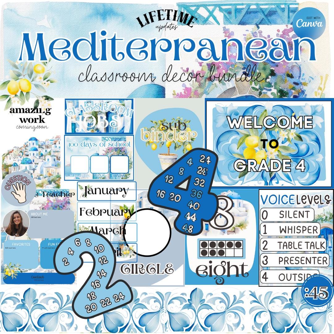Mediterranean Theme Classroom Decor Bundle Blue Teacher Mediterranean ...