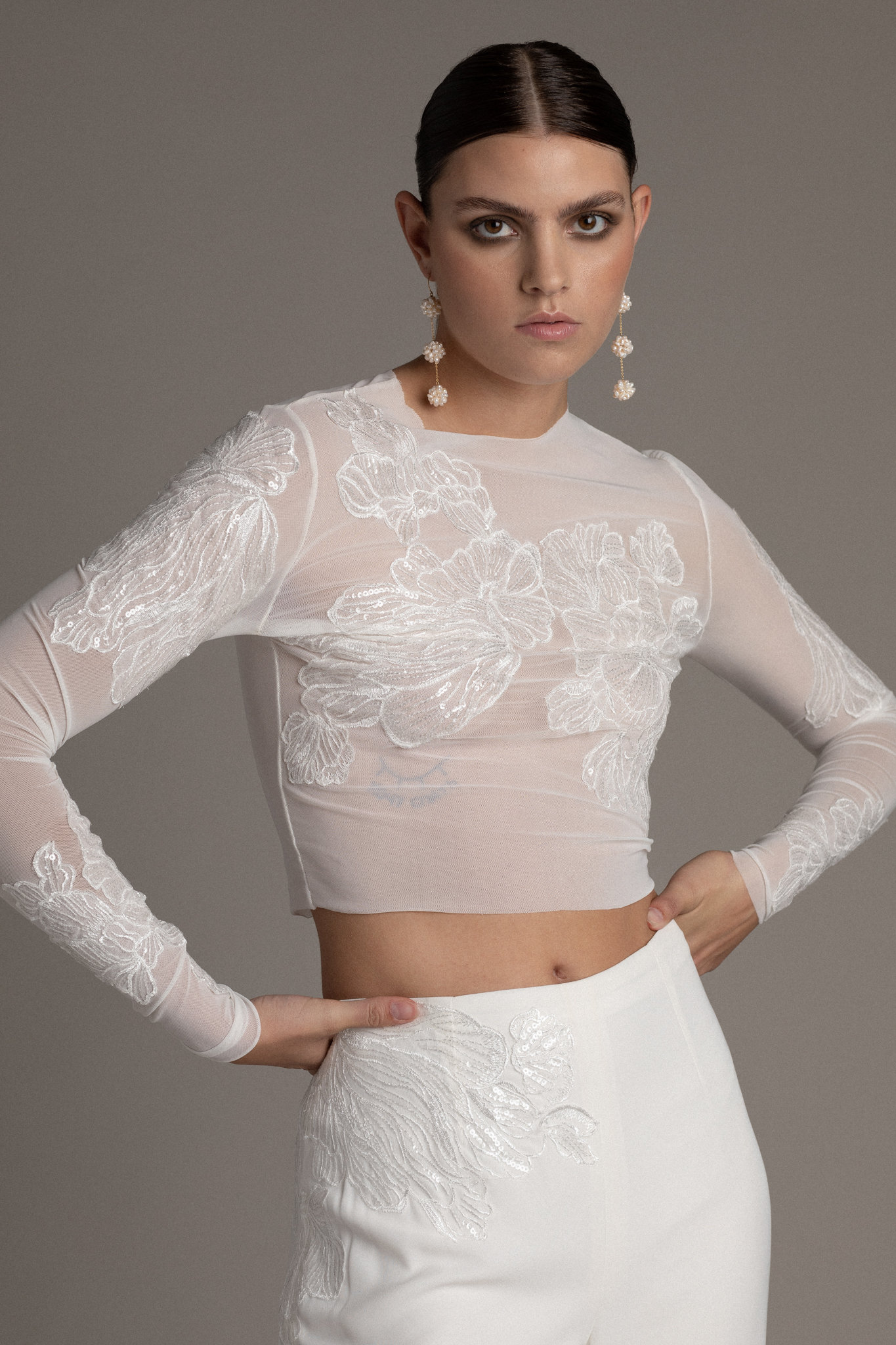 NEW Mesh Long Sleeve Top With French Sequin Applique, Modern Bridal ...
