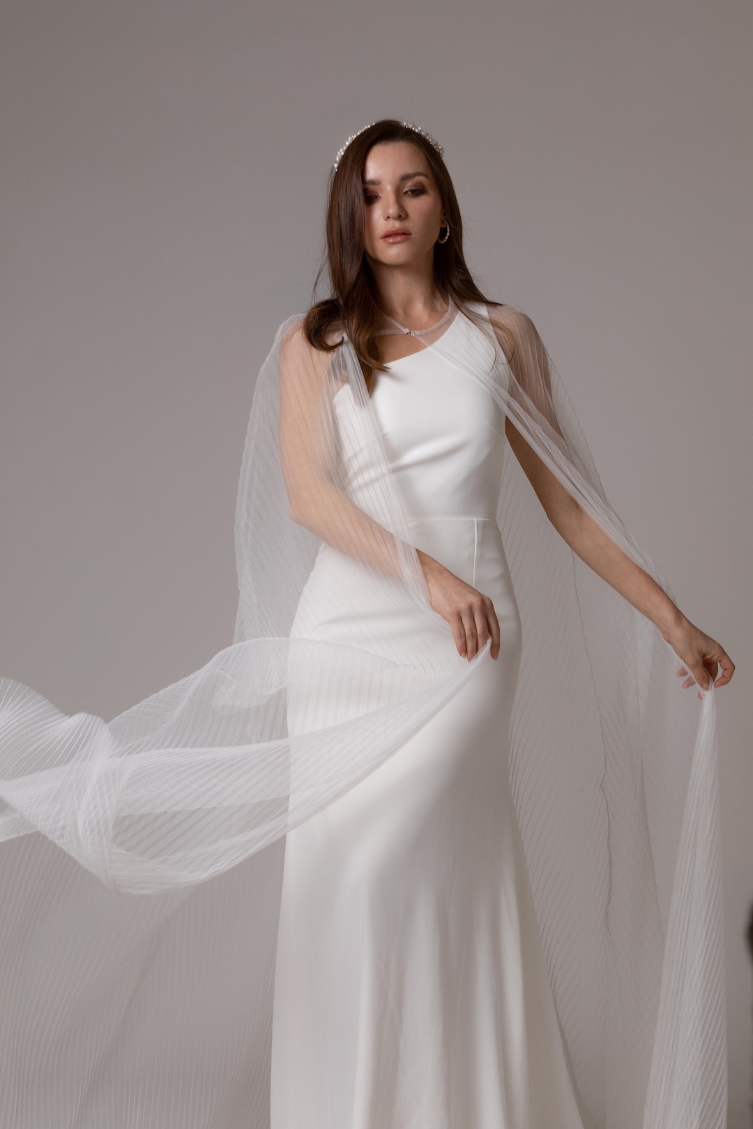 Floor Length Wedding Cape, Pleated Tulle Bridal Cape, Minimalist ...