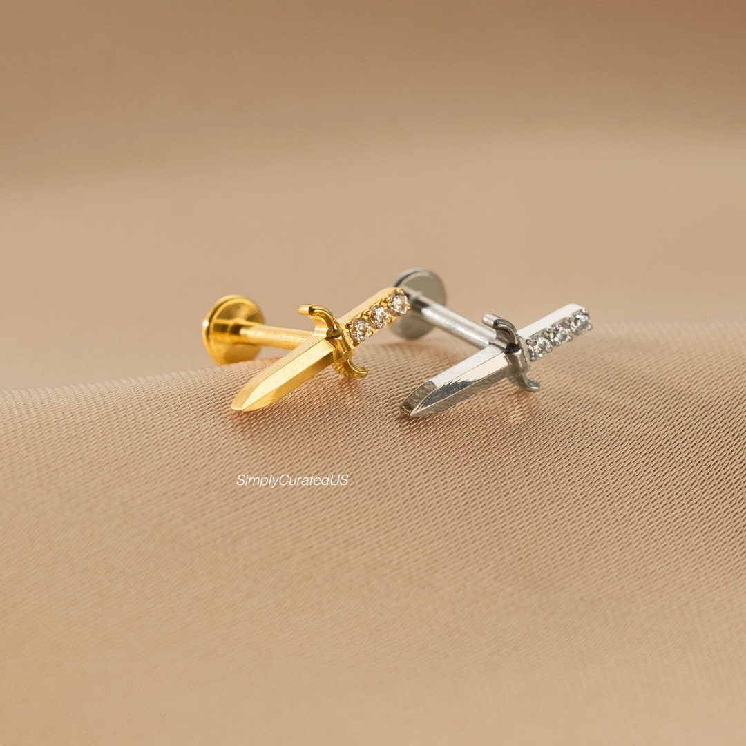 18G/16G Titanium Dagger Sword Labret • Internally Threaded • Helix Stud • Tragus Stud ...