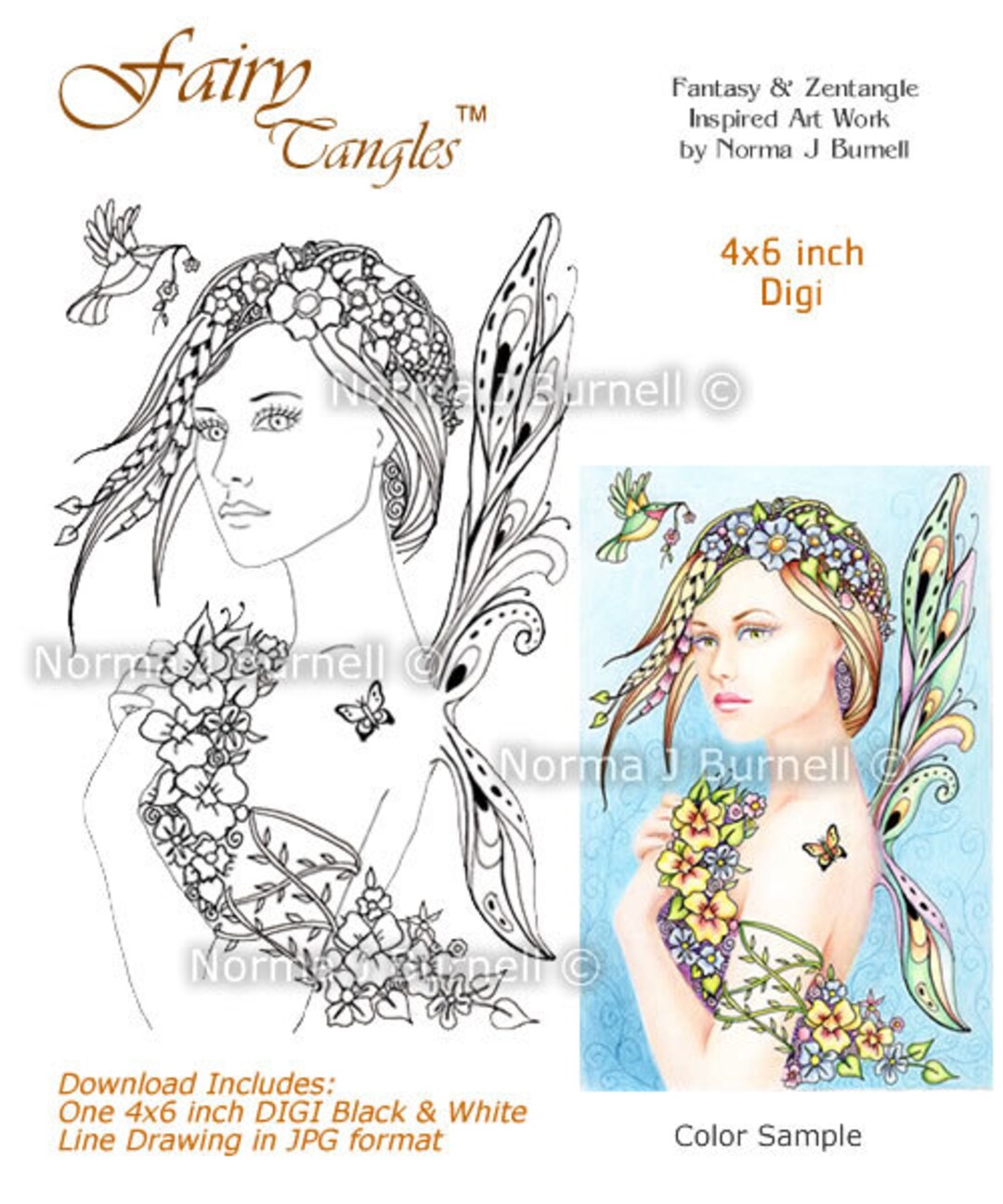 Posy Fairy Tangles Printable Digi Stamp by Norma J Burnell Flower Fairy ...