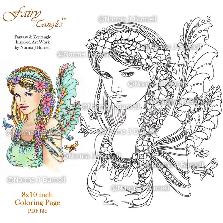 Fairy Tangles Printable Coloring Pages by Norma J Burnell | Etsy