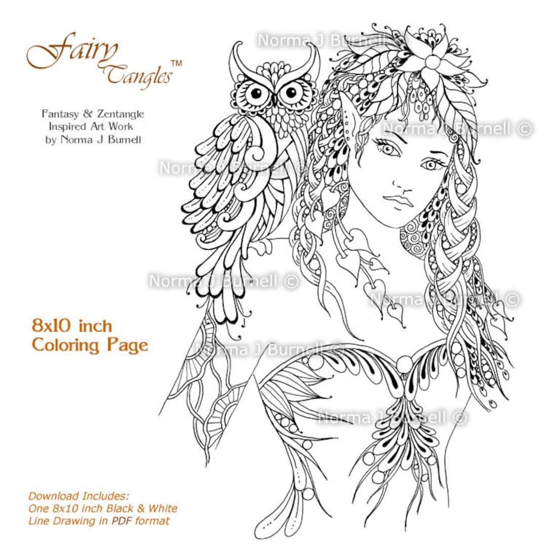 Minerva Fairy and Owl Fairy Tangles Adult Coloring Sheet Template Page ...