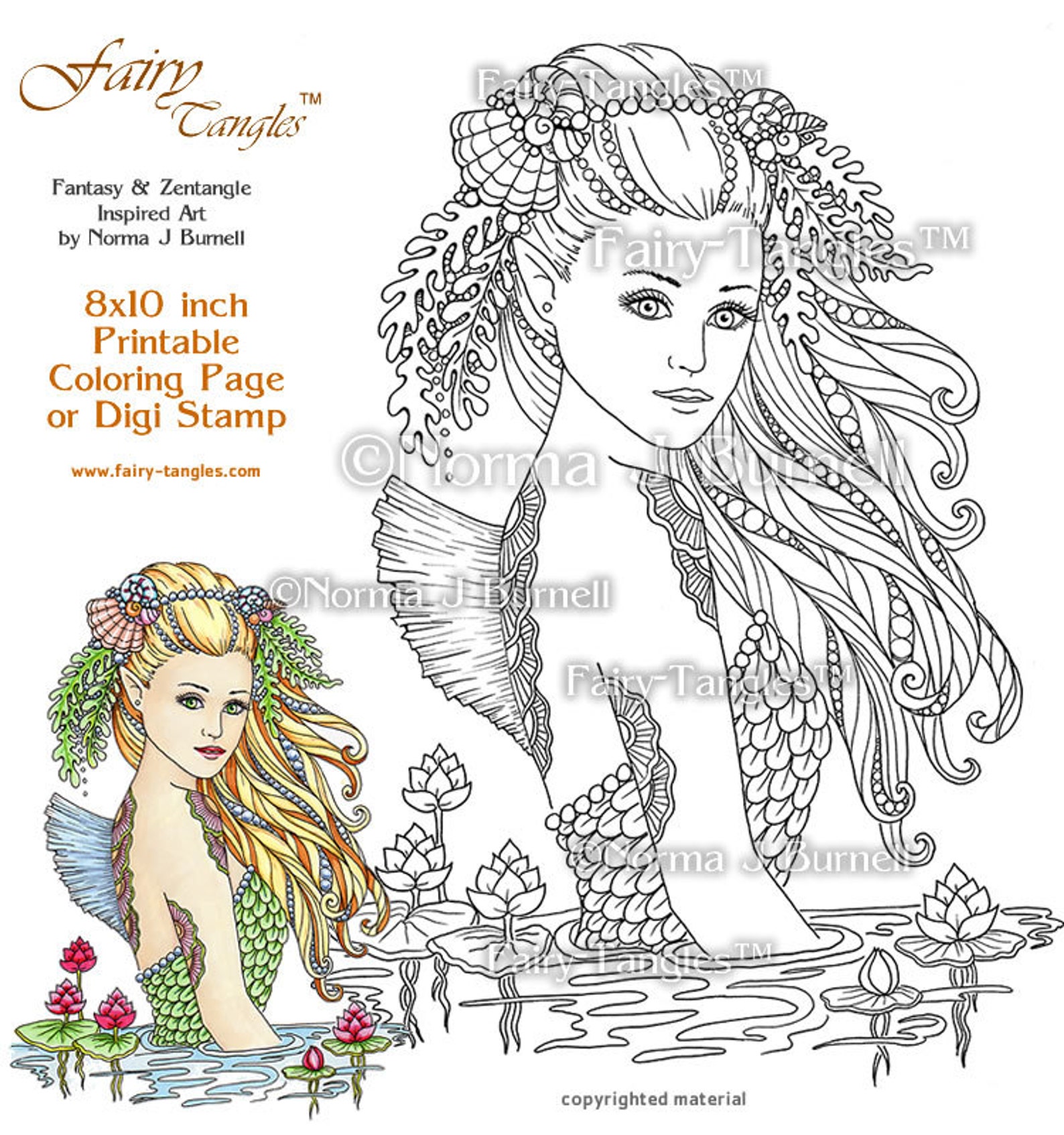Water Sprite Mermaid - Fairy Tangles Printable Coloring Book Sheets by ...