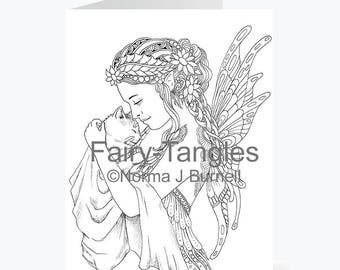 Printable Fairy Tangles Greeting Cards to Color Norma J | Etsy
