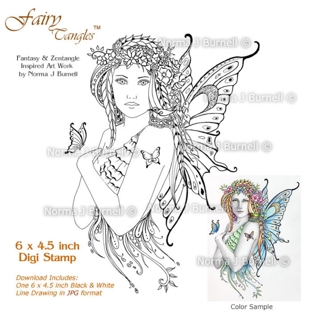 Spring Fairy Tangles Printable Digital Stamp Norma J Burnell Fairies ...