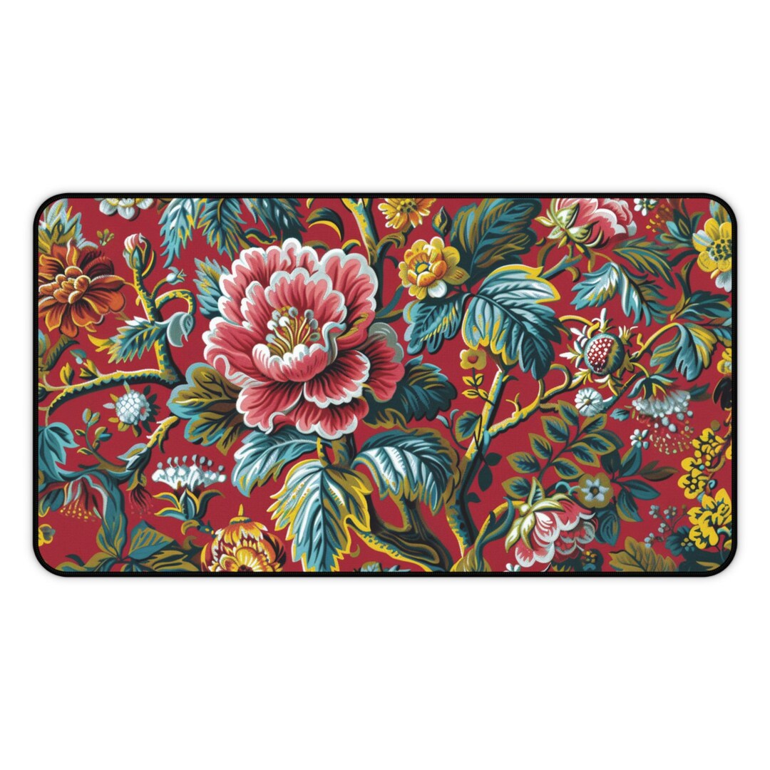 Crimson Floral Desk Mat – Folk Art Red Gaming Mouse Pad, Bold Office ...