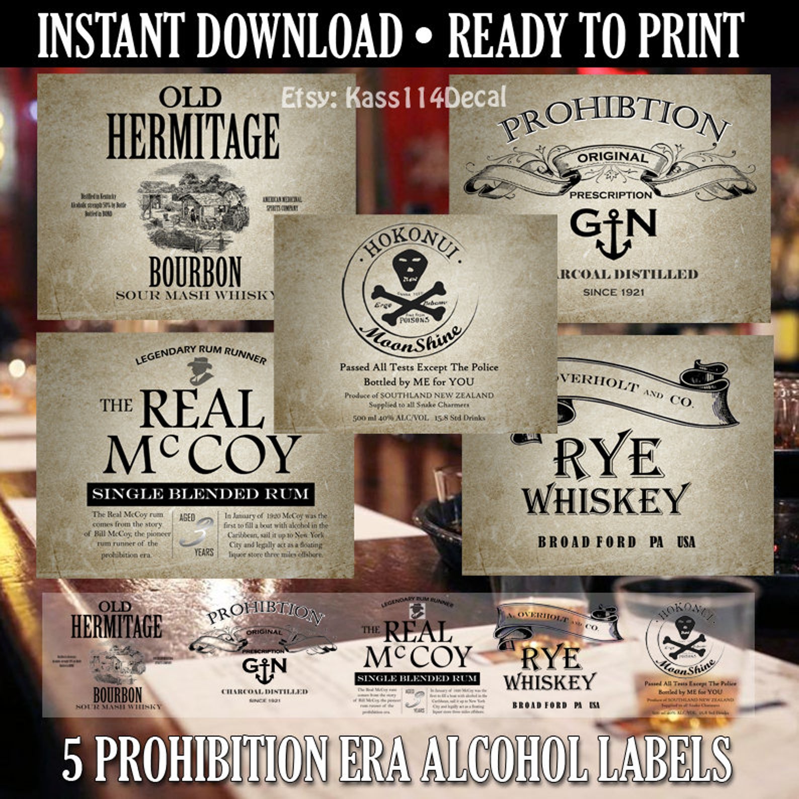5 Prohibition Party Bootlegger Labels, Speakeasy, Gatsby Props, Roaring ...