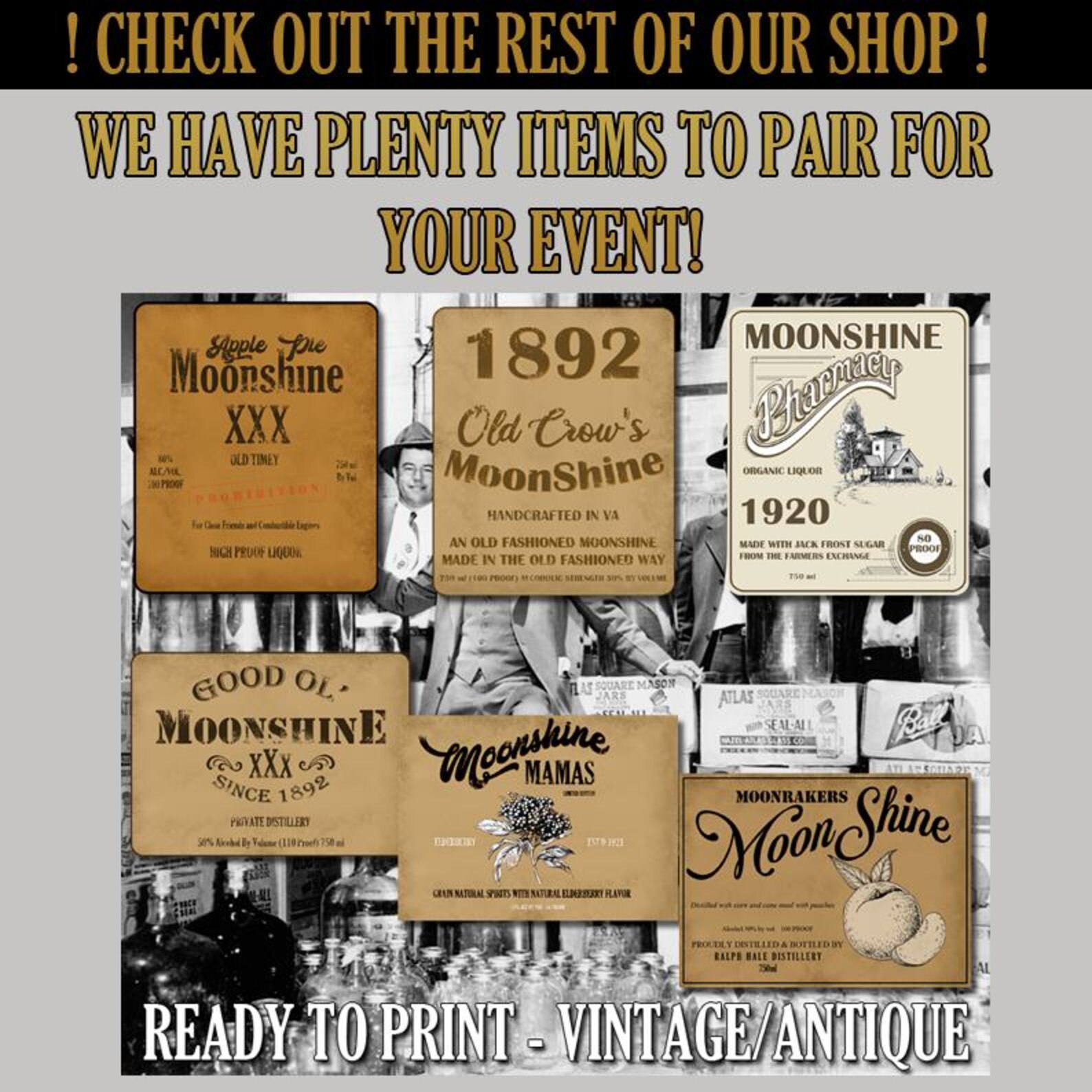 5 Prohibition Party Bootlegger Labels, Speakeasy, Gatsby Props, Roaring ...