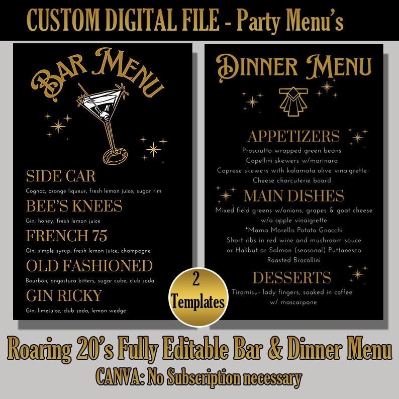 Editable Roaring 20s Bar & Dinner Menu - Great Gatsby, Speakeasy ...