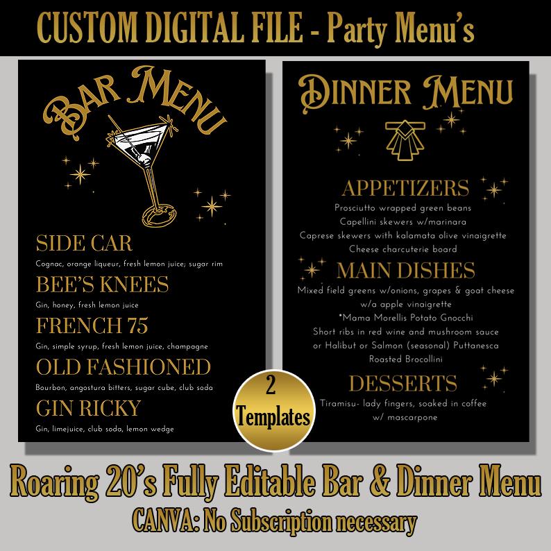 Editable Roaring 20s Bar & Dinner Menu - Great Gatsby, Speakeasy ...