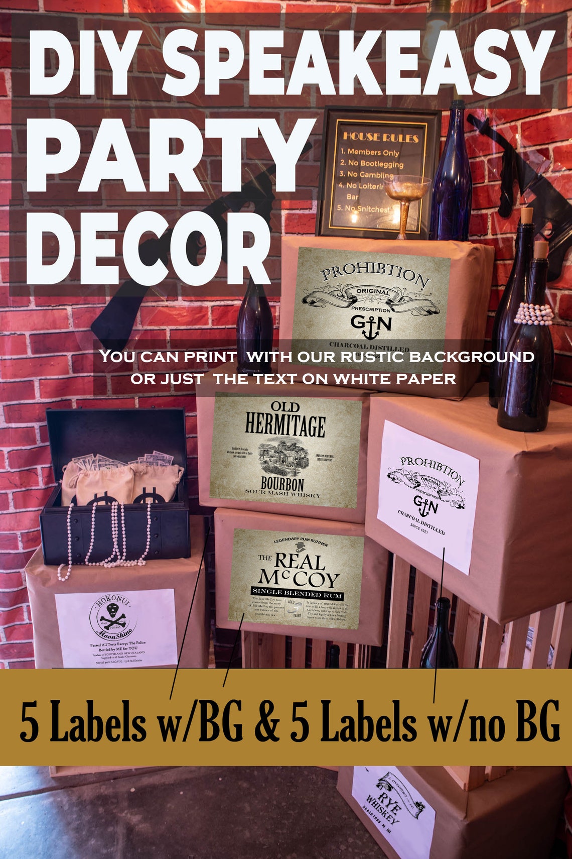 5 Prohibition Party Bootlegger Labels, Speakeasy, Gatsby Props, Roaring ...