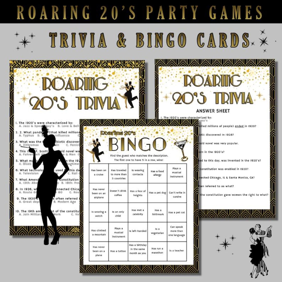 Roaring 20's Party Games: Trivia & Bingo Cards | Great Gatsby, Harlem ...