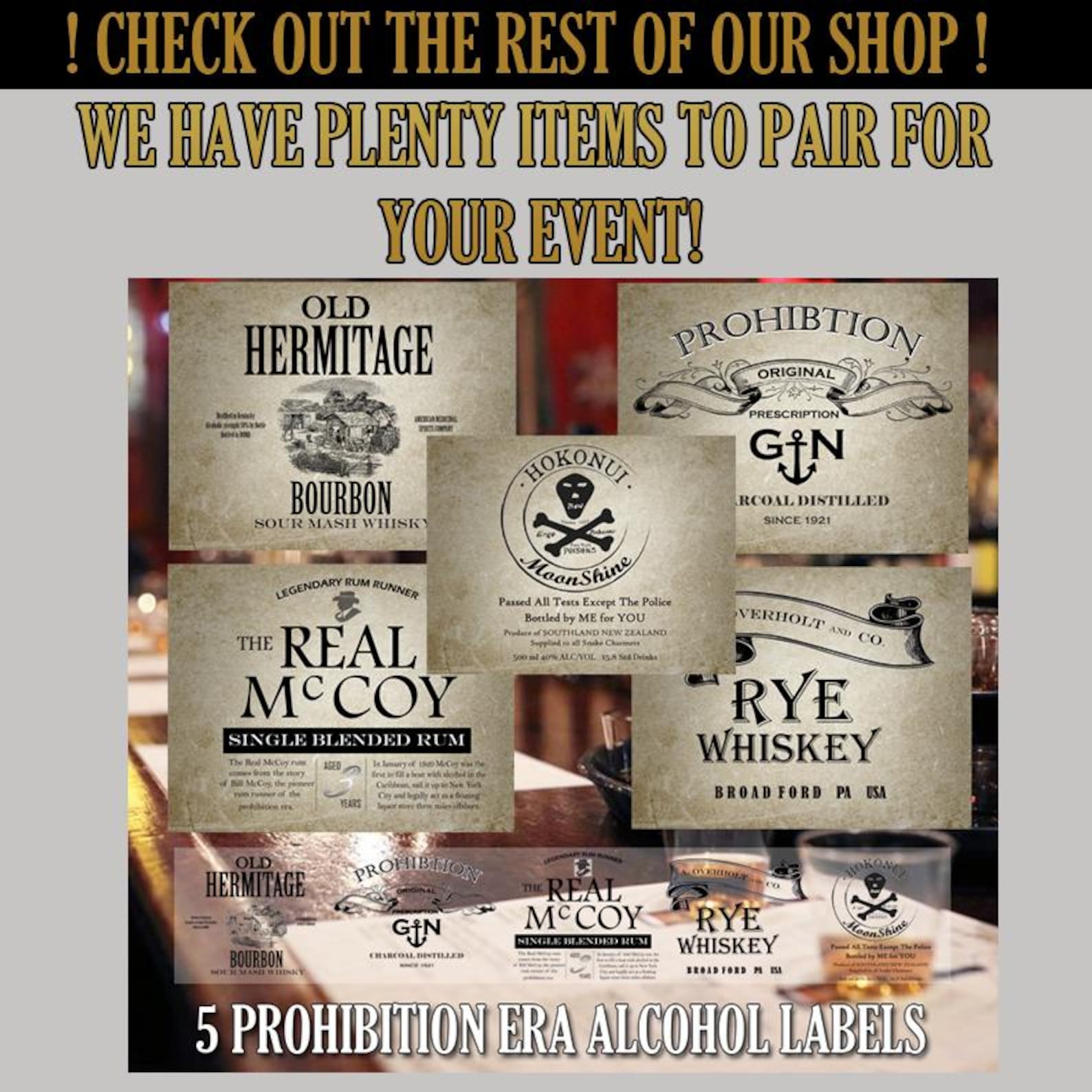 5 Prohibition Party Bootlegger Labels, Speakeasy, Gatsby Props, Roaring ...
