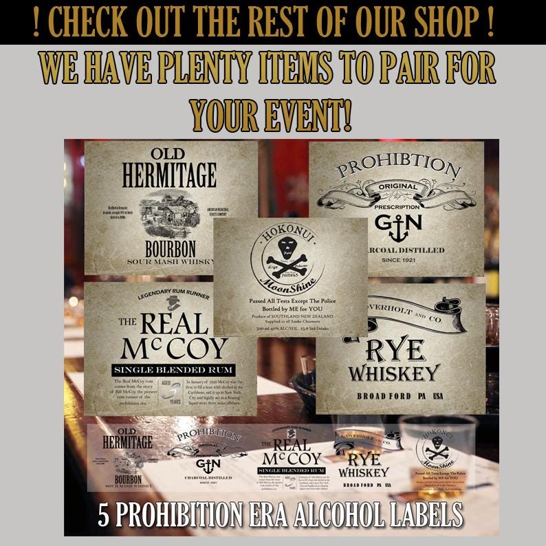 5 Prohibition Party Bootlegger Labels, Speakeasy, Gatsby Props, Roaring ...
