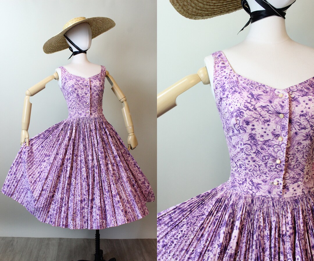 1950s 1955 Documented PAT HARTLEY COTTON Purple Dress Xs New Spring ...