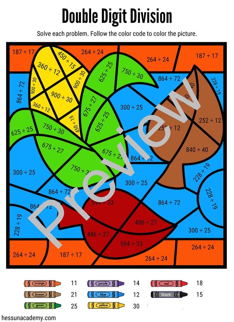 Fall Long Division Color by Number Coloring Worksheets (double Digit ...