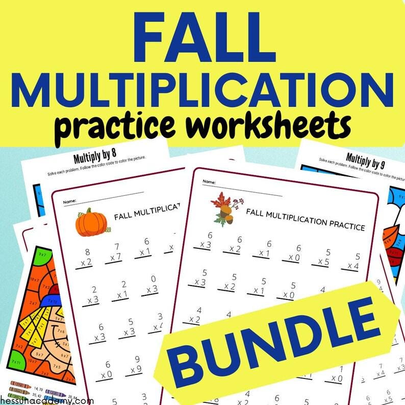 Fall Multiplication Practice Worksheets Bundle (color by Number and ...