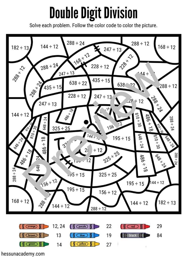 Fall Long Division Color by Number Coloring Worksheets (double Digit ...