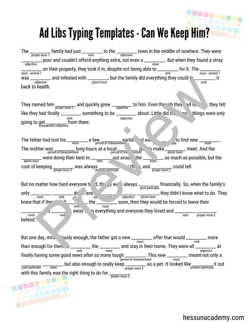 Ad Libs Typing Practice Templates (keyboarding and Typing Skills) - Etsy