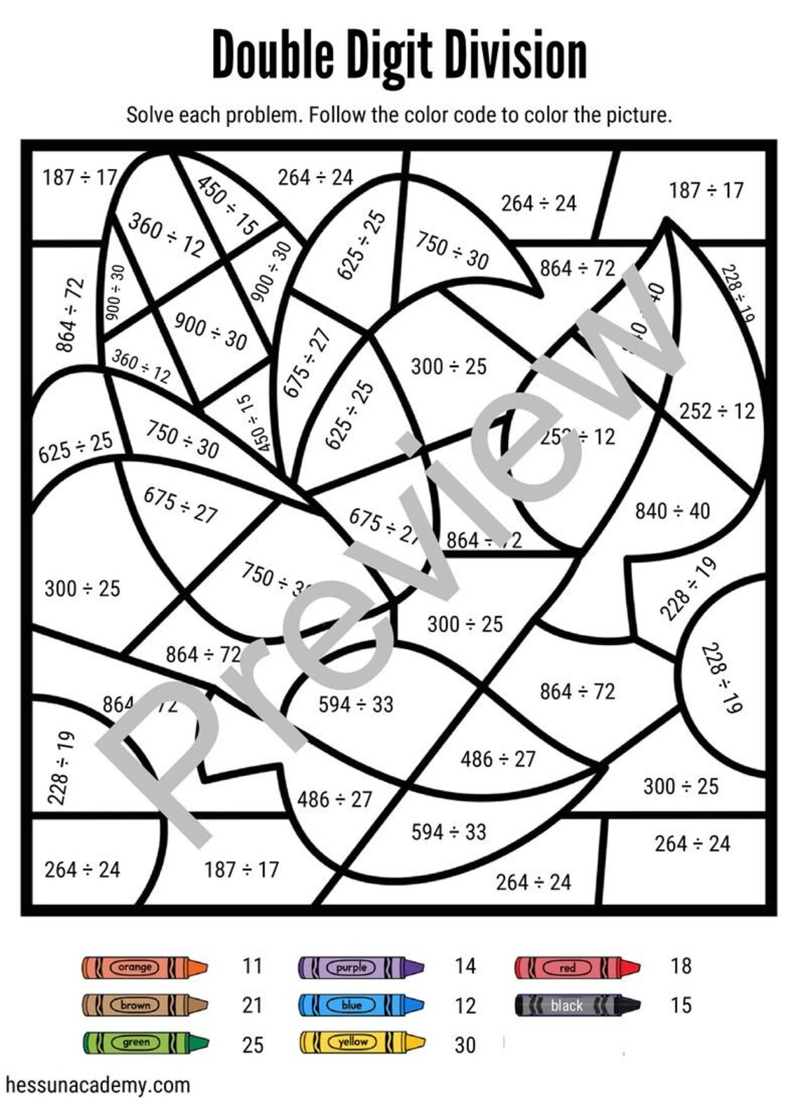 Fall Long Division Color by Number Coloring Worksheets (double Digit ...
