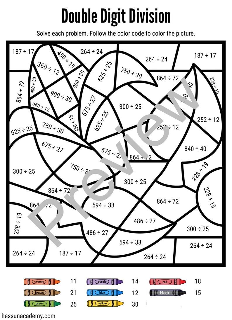 Fall Long Division Color by Number Coloring Worksheets (double Digit ...