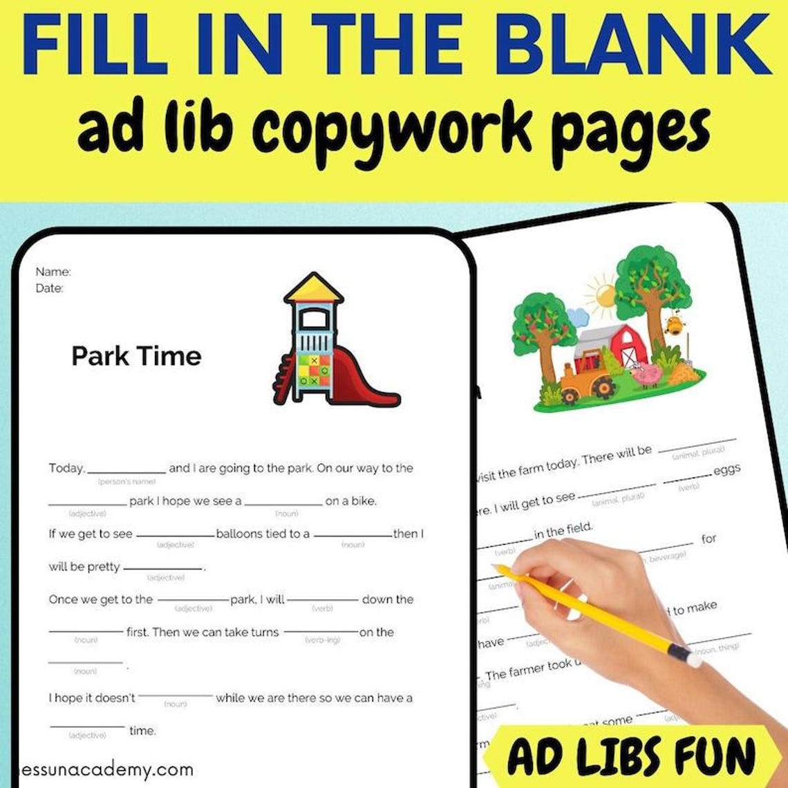 Fill in the Blank Copywork Pages (ad Libs Parts of Speech Practice ...