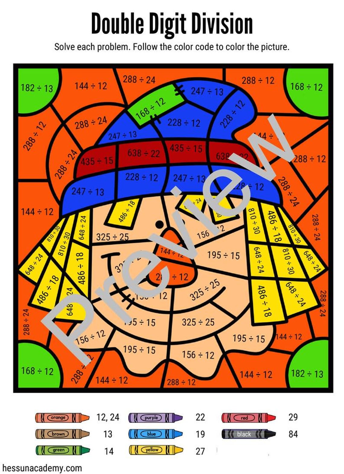 Fall Long Division Color by Number Coloring Worksheets (double Digit ...