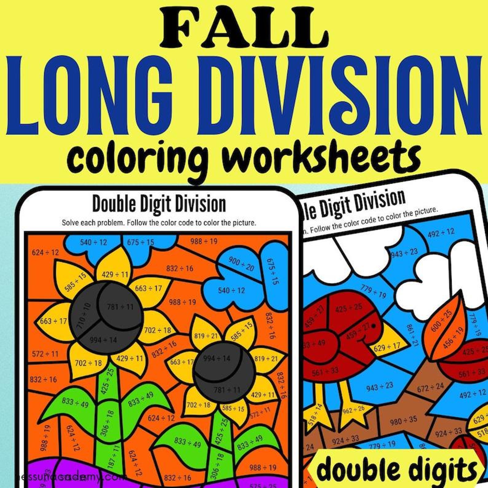 Fall Long Division Color by Number Coloring Worksheets (double Digit ...