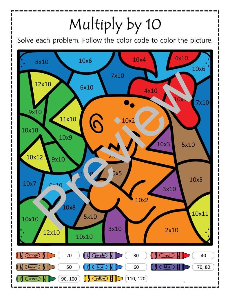 Dinosaur Multiplication Color by Number Coloring Pages 2-12 Times ...