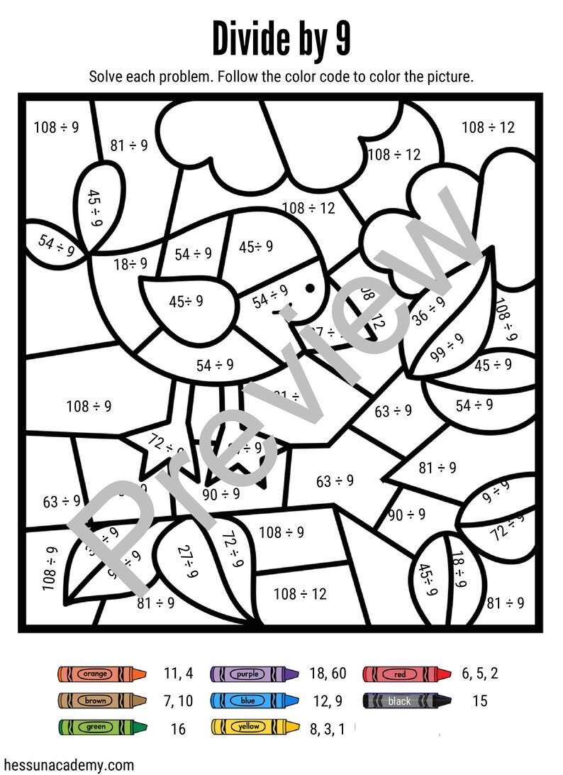 Fall Division Color by Number Coloring Worksheets find the Quotient 1 ...