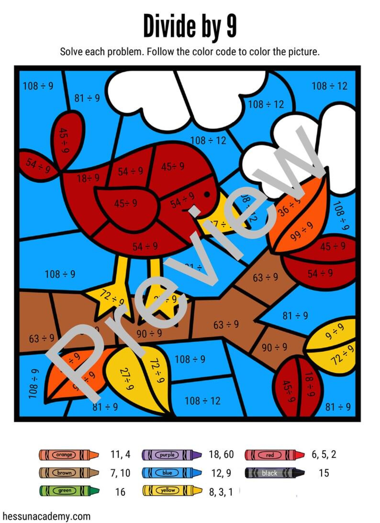 Fall Division Color by Number Coloring Worksheets find the Quotient 1 ...