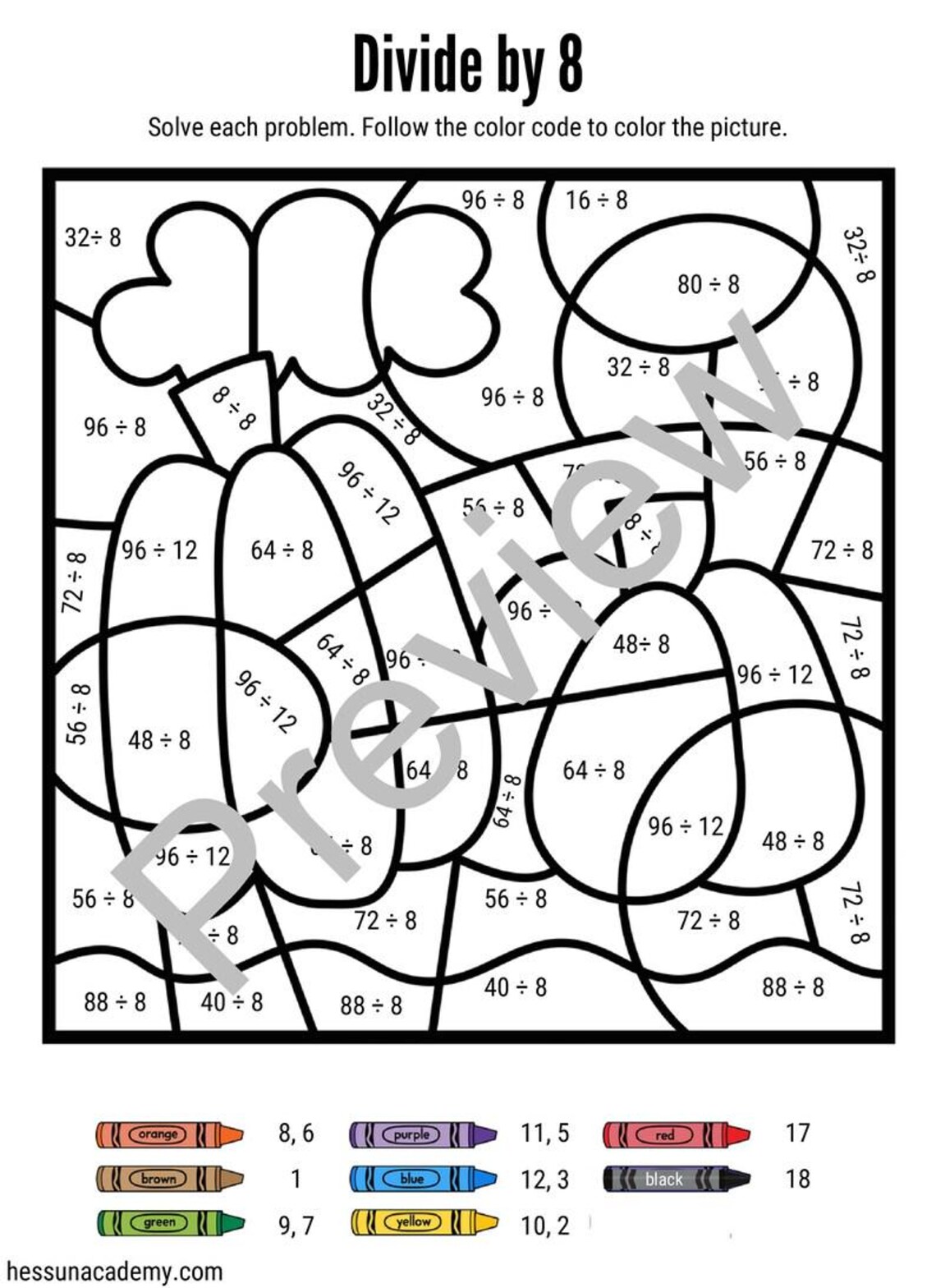 Fall Division Color by Number Coloring Worksheets find the Quotient 1 ...