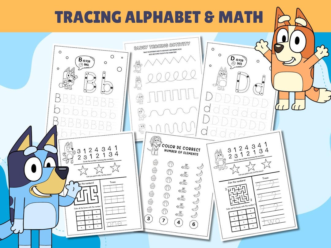 BLUEY TRACING ACTIVITIES - Blue Dog Learning Pages - Tracing and Math ...